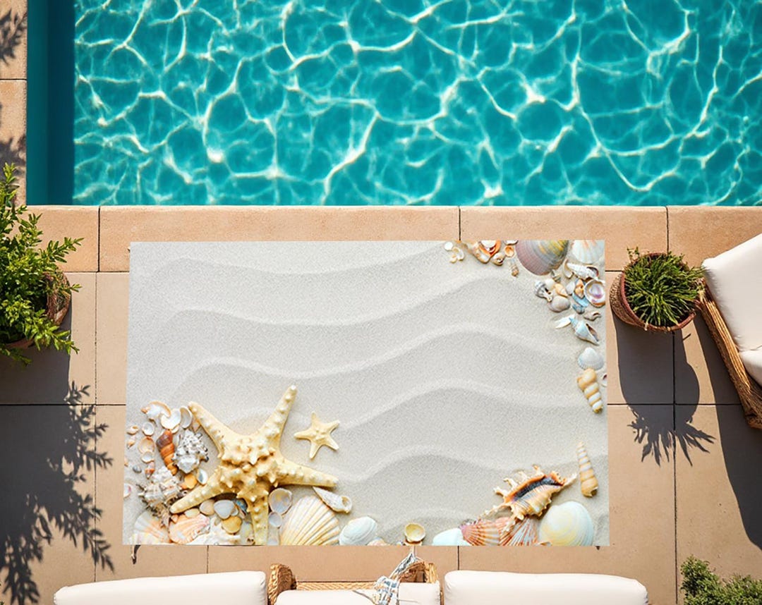 Outdoor Rug, Garden Rug, Sea Shell Design, Swimming Pool Rug, White ...