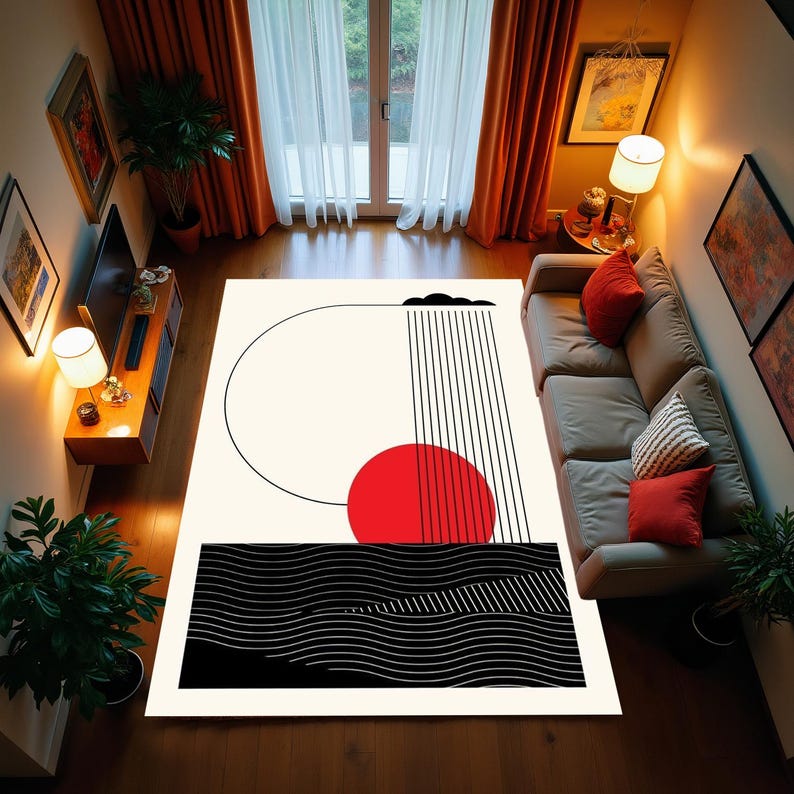 Retro Minimalist Design Area Rug, Modern Rug, Abstract Art Rug, Black ...