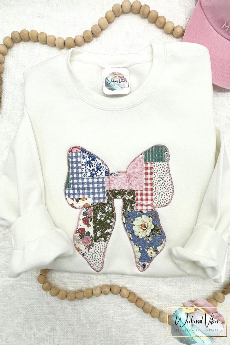 Embroidered Vintage Patchwork Bow Sweatshirt, Vintage Cottagecore ...