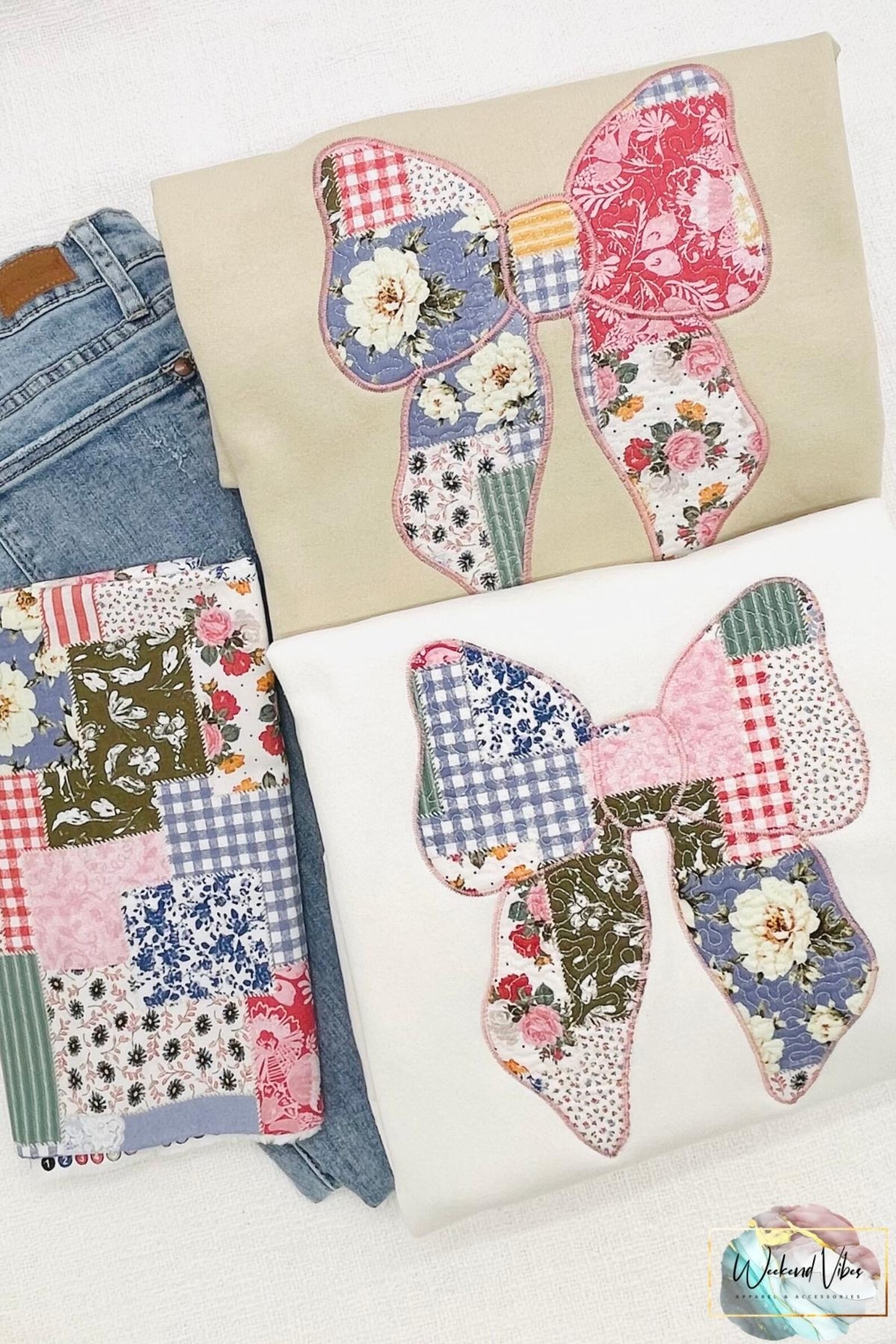 Embroidered Vintage Patchwork Bow Sweatshirt, Vintage Cottagecore ...