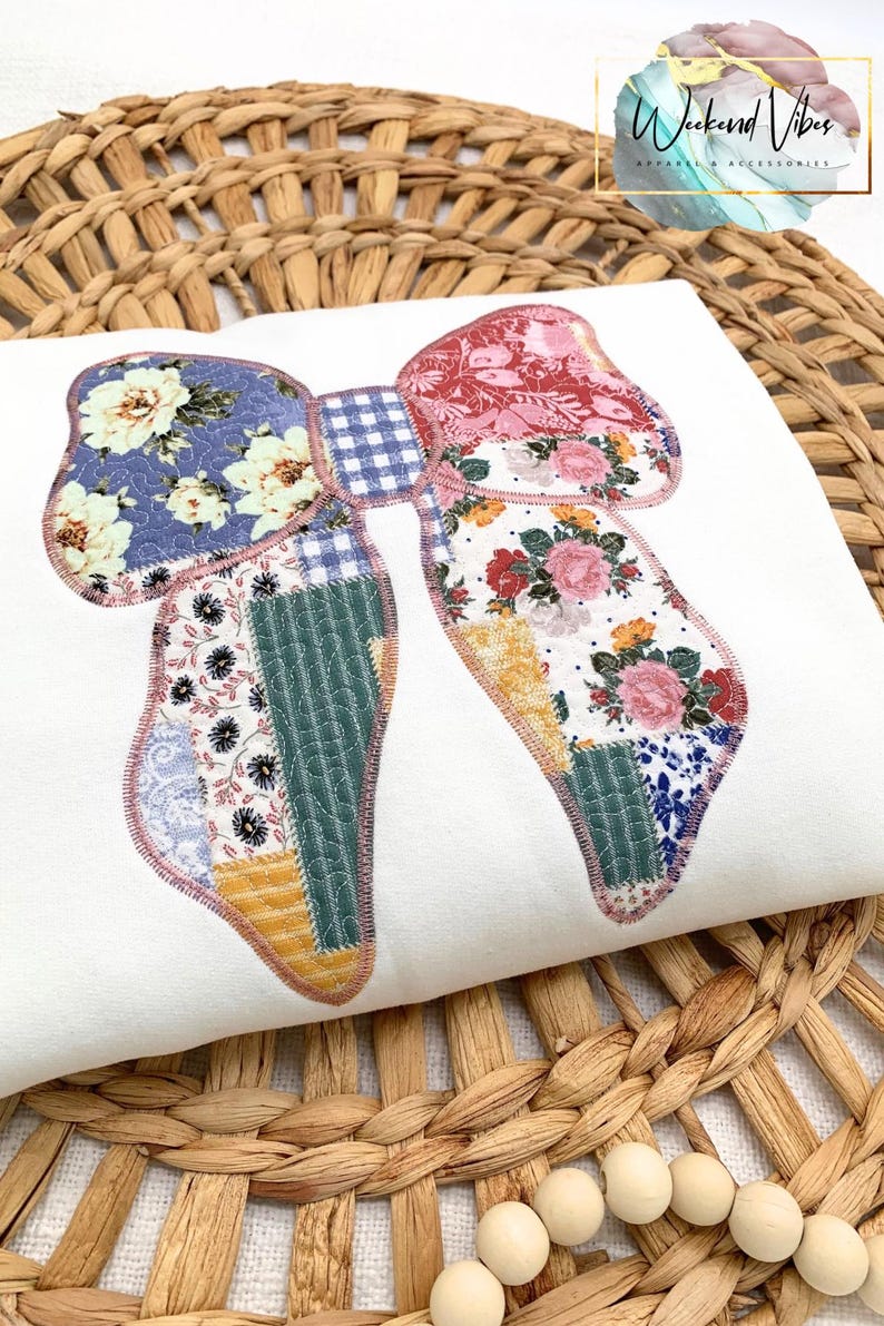 Embroidered Vintage Patchwork Bow Sweatshirt, Vintage Cottagecore ...