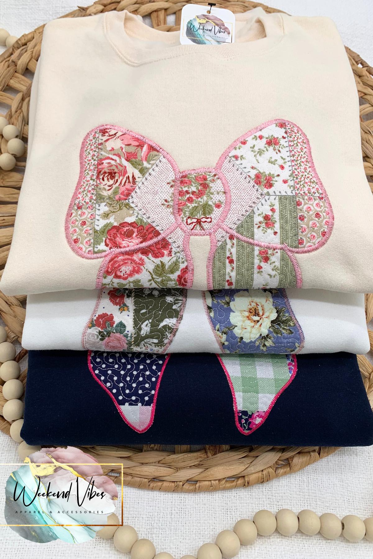 Embroidered Vintage Patchwork Bow Sweatshirt, Vintage Cottagecore ...