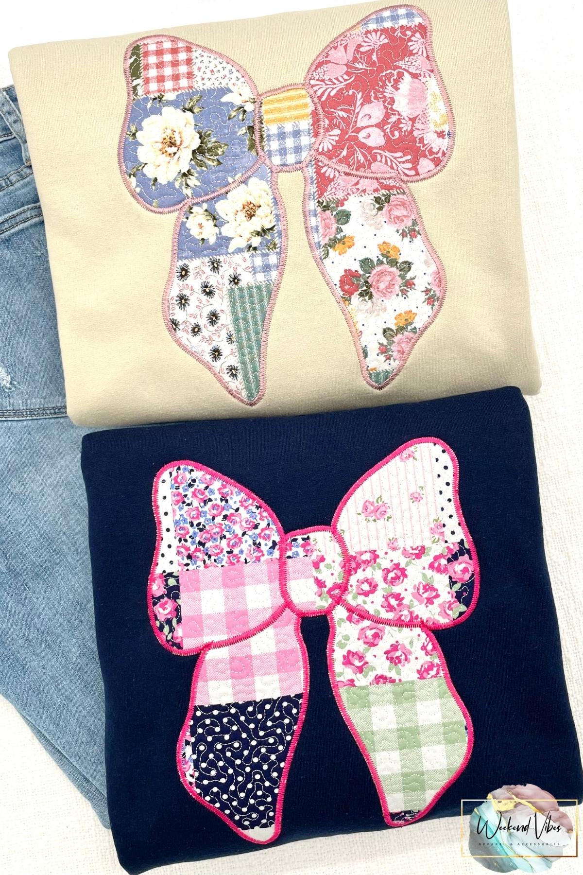 Embroidered Vintage Patchwork Bow Sweatshirt, Vintage Cottagecore ...