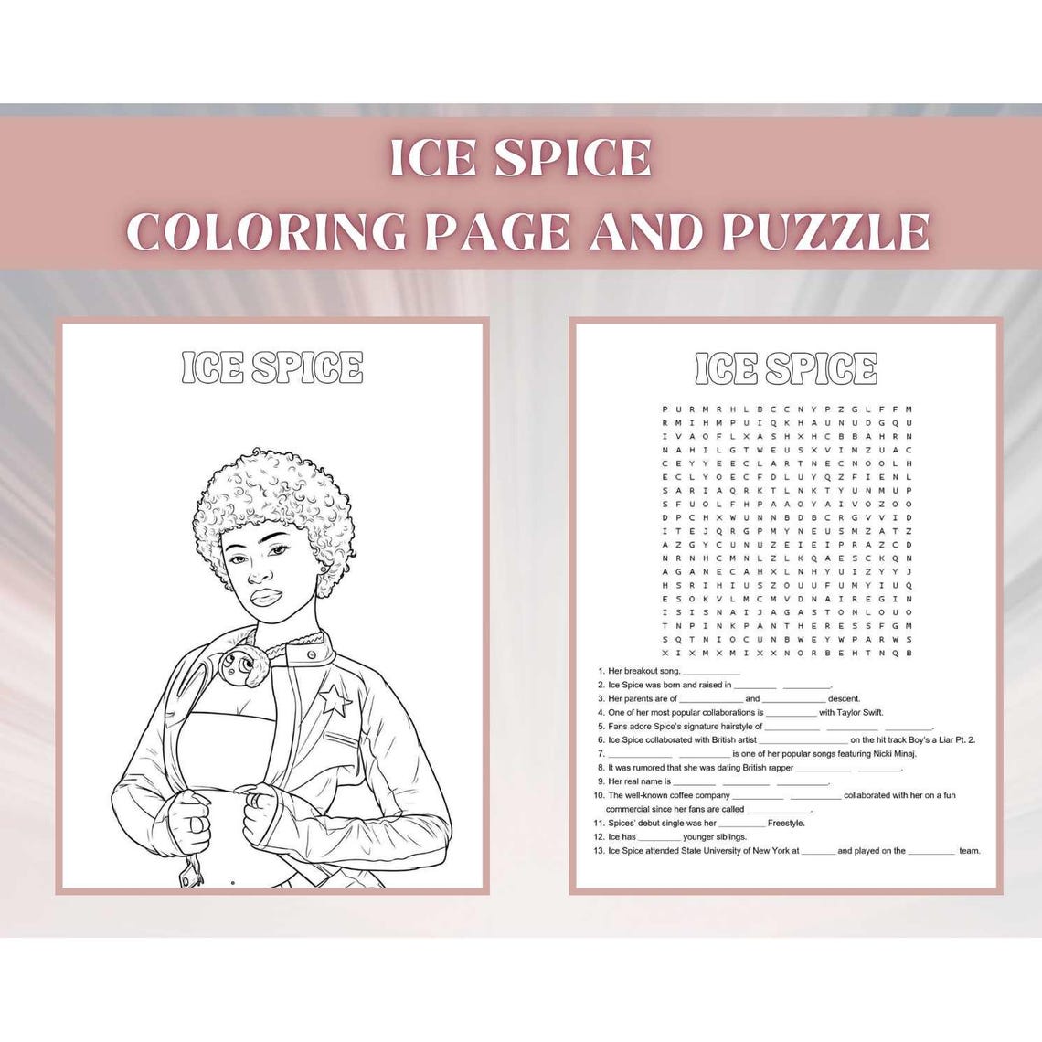 Ice Spice Coloring Page & Clue-based Word Search Puzzle | Digital ...