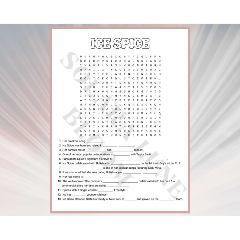 Ice Spice Coloring Page & Clue-based Word Search Puzzle | Digital ...