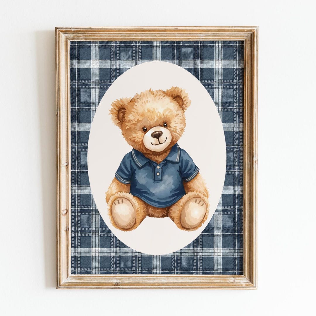 Preppy Teddy Bear Nursery Print – Blue Plaid, Vintage Style (digital ...