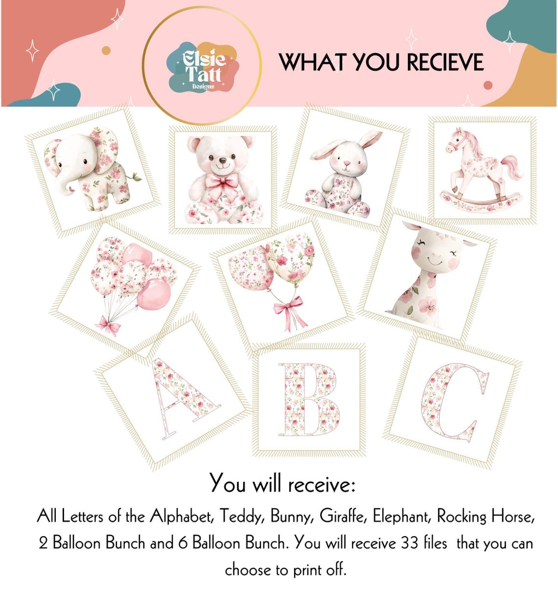 Pink Floral Nursery Art | Bunny, Initial Prints (instant Download) - Etsy