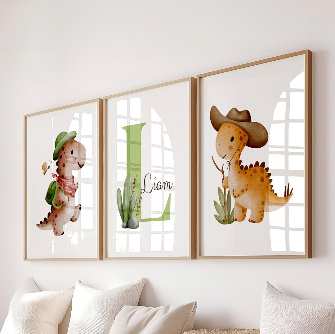 Personalised Dinosaur Nursery Print Set – Custom Name & Initial ...
