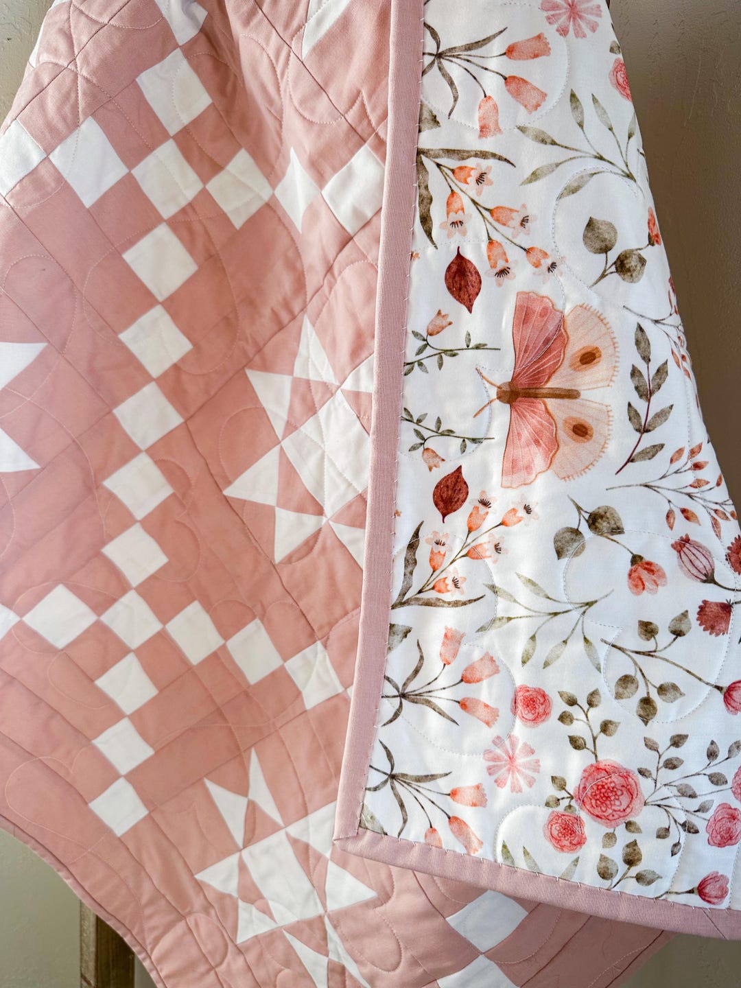 Pink and White Baby Quilt - Handmade Patchwork Blanket With Floral ...