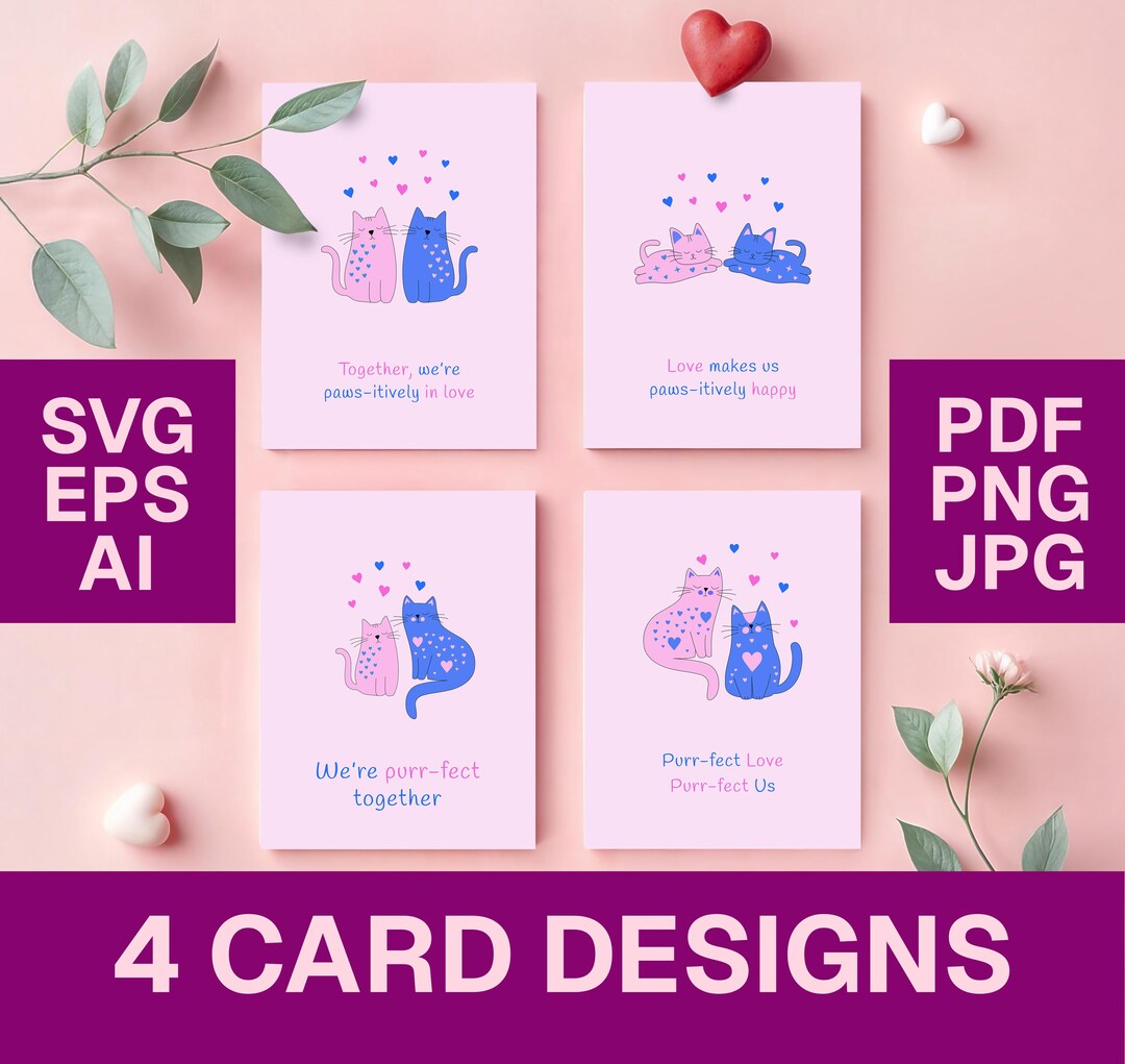 Set of 4 Cute Cat Love Cards – Sweet Illustrations for Any Occasion ...