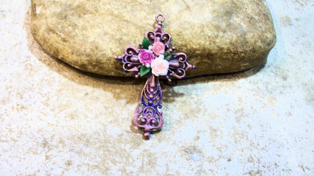 Flowered Cross Pendant, Hand Painted Patina, Trio of Flowers, Brass ...