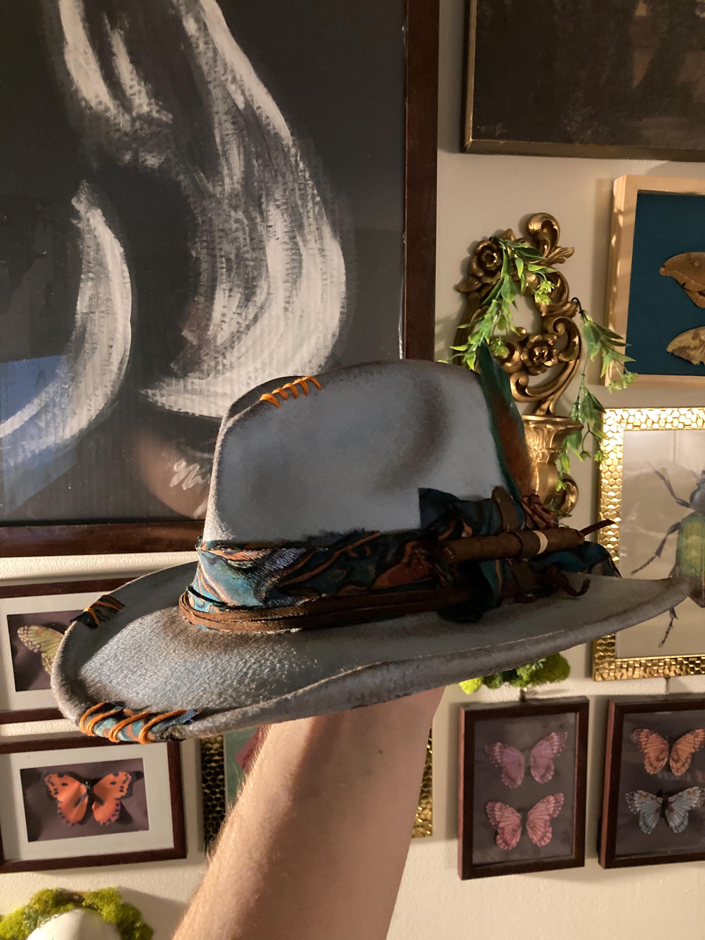The Artist Look! Light Blue Distressed Fedora, Vintage Colorful Band ...