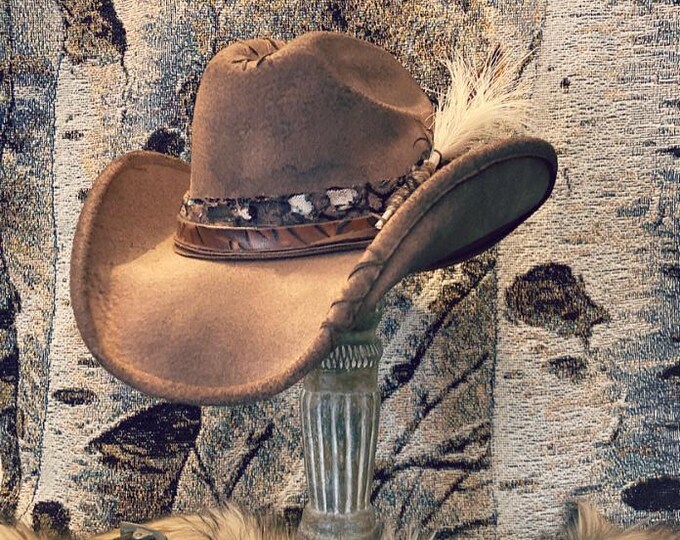 Rugged, Cowboy, Hat, Distressed, Fedora, Tan, Brown, Feather, Handmade ...