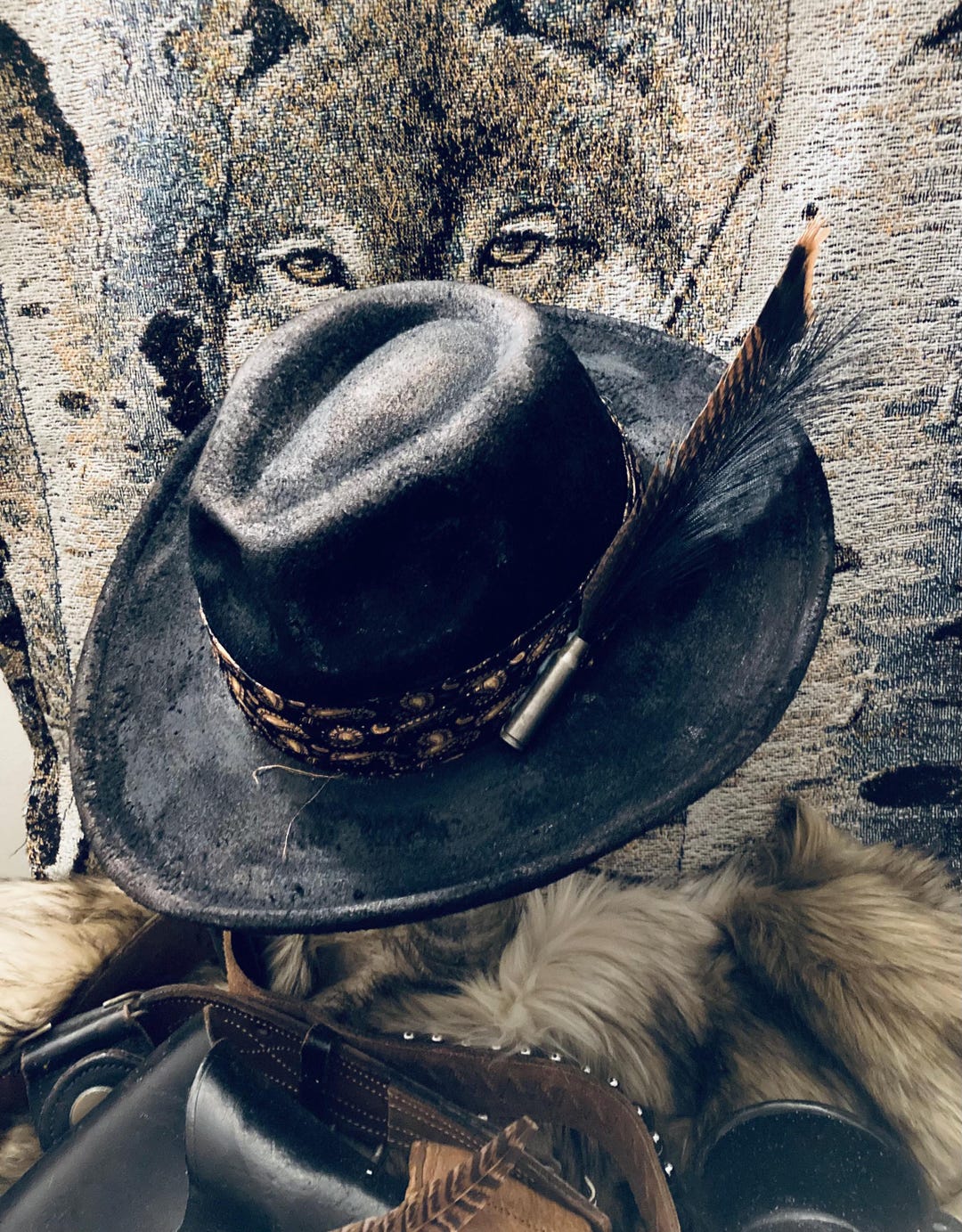 Black Outlaw Cowboy Hat With Custom Band and Large Feather - Etsy