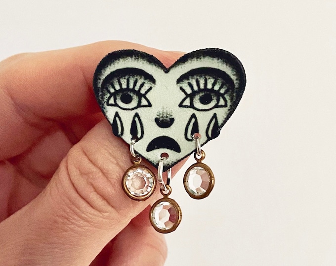 Crying Heart Pin Cartoon Face Sad Face Button Brooch Crystals | Etsy
