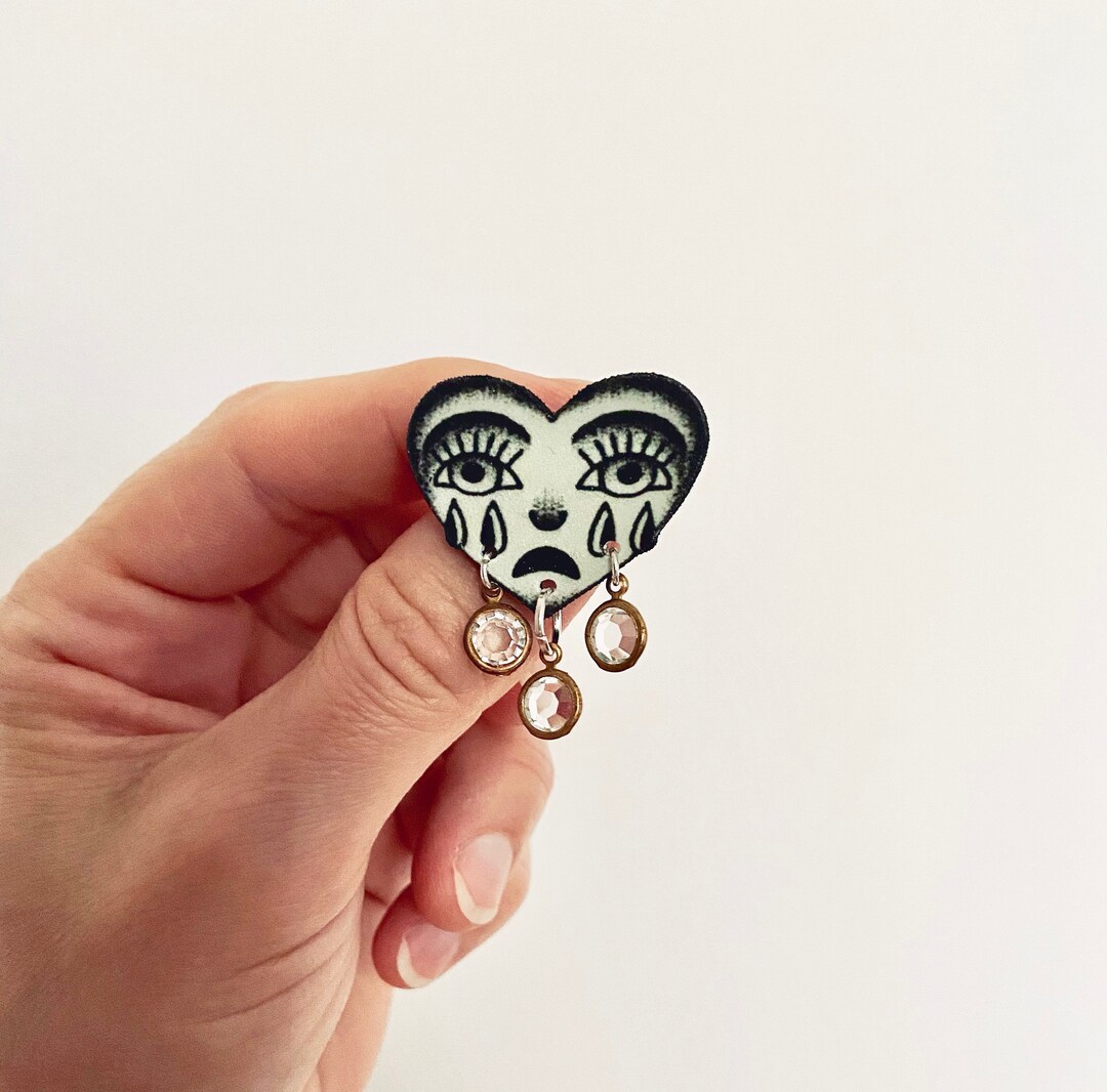 Crying Heart Pin Cartoon Face Sad Face Button Brooch Crystals Vintage ...