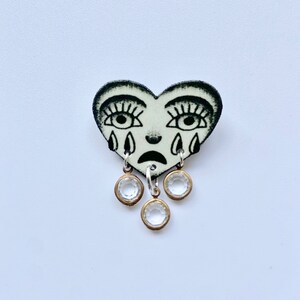 Crying Heart Pin Cartoon Face Sad Face Button Brooch Crystals Vintage ...