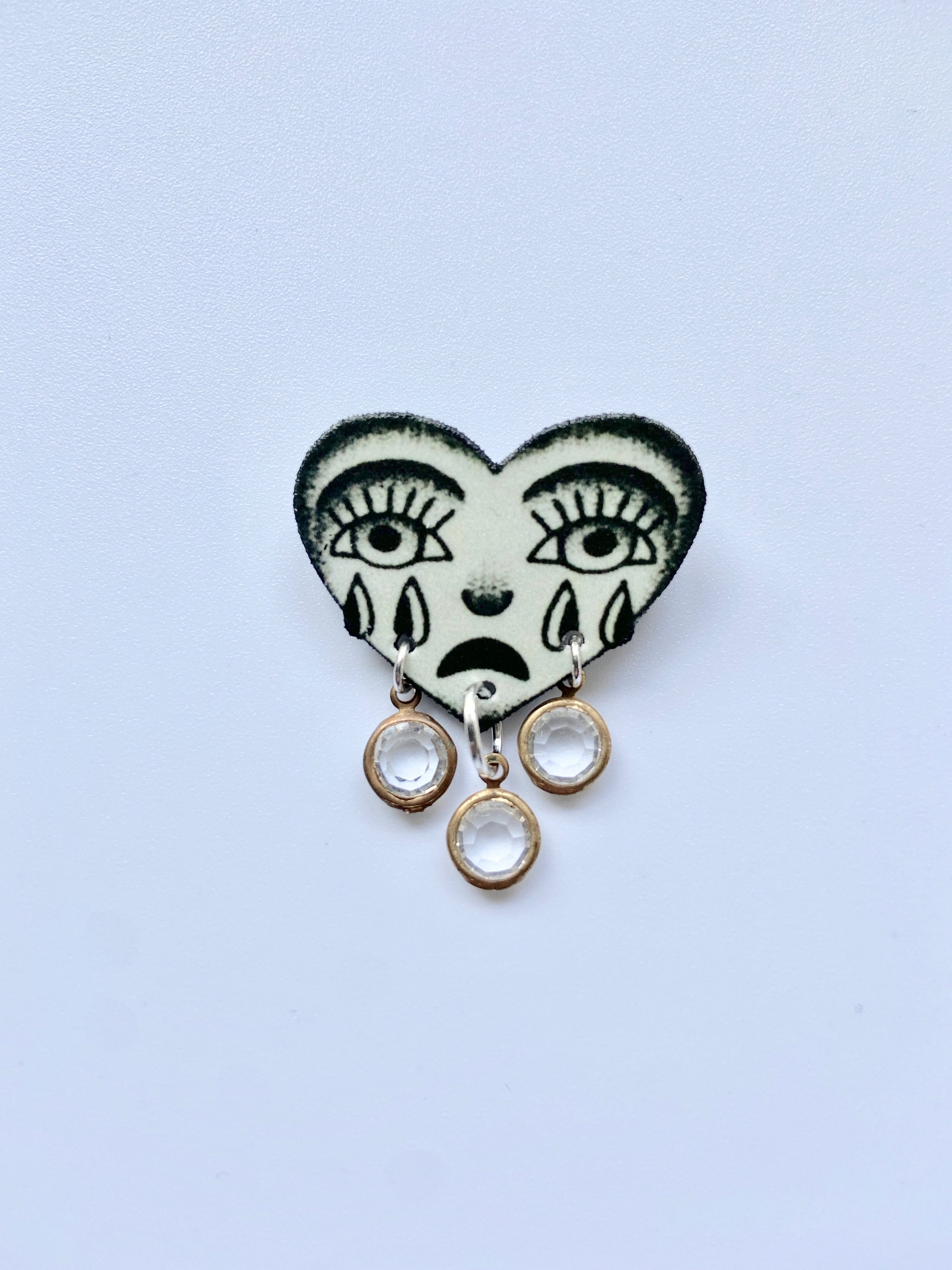 Crying Heart Pin Cartoon Face Sad Face Button Brooch Crystals Vintage ...