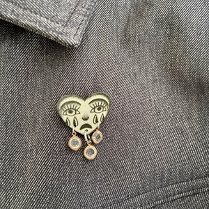 Crying Heart Pin Cartoon Face Sad Face Button Brooch Crystals Vintage ...