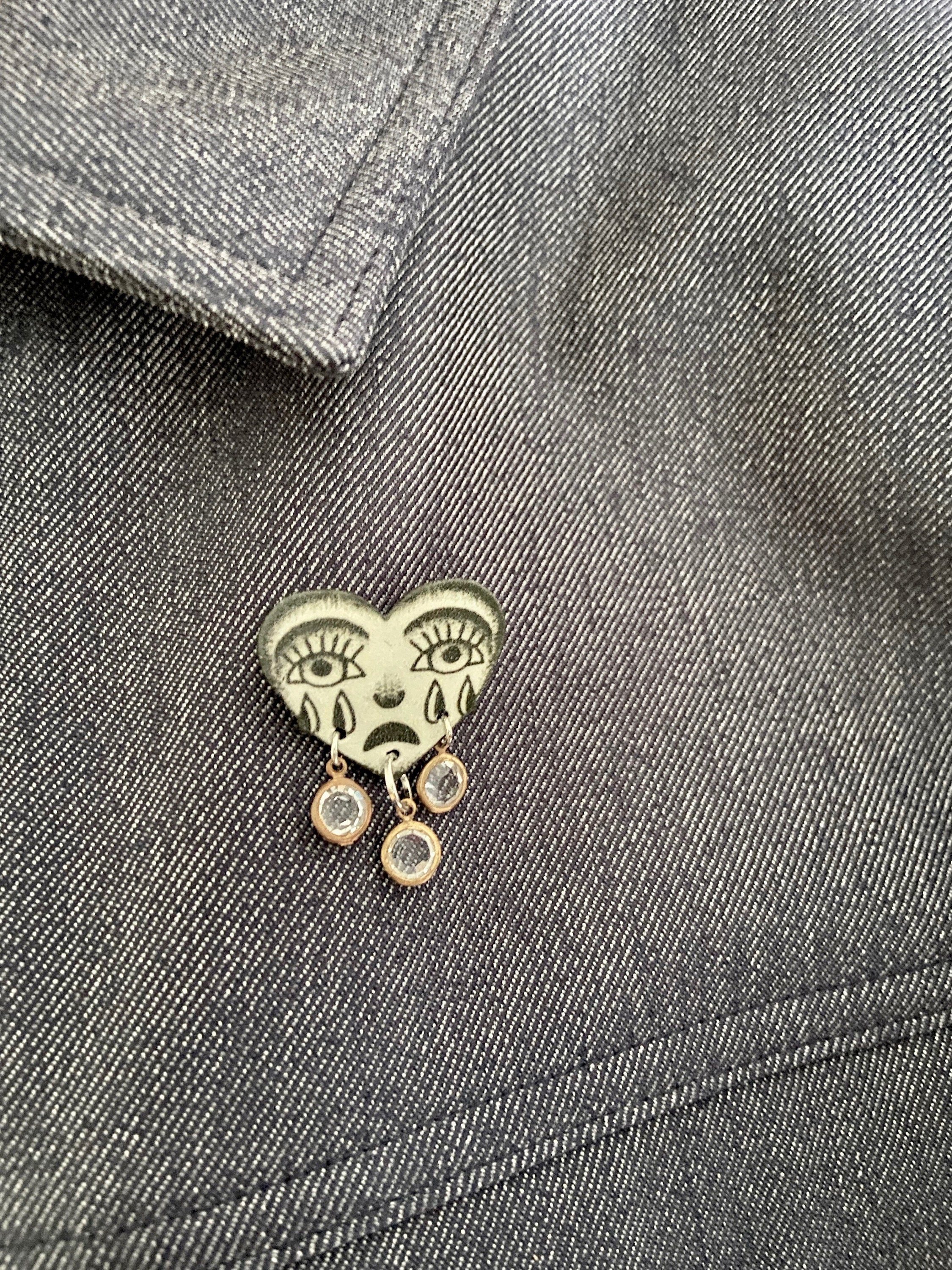 Crying Heart Pin Cartoon Face Sad Face Button Brooch Crystals Vintage ...