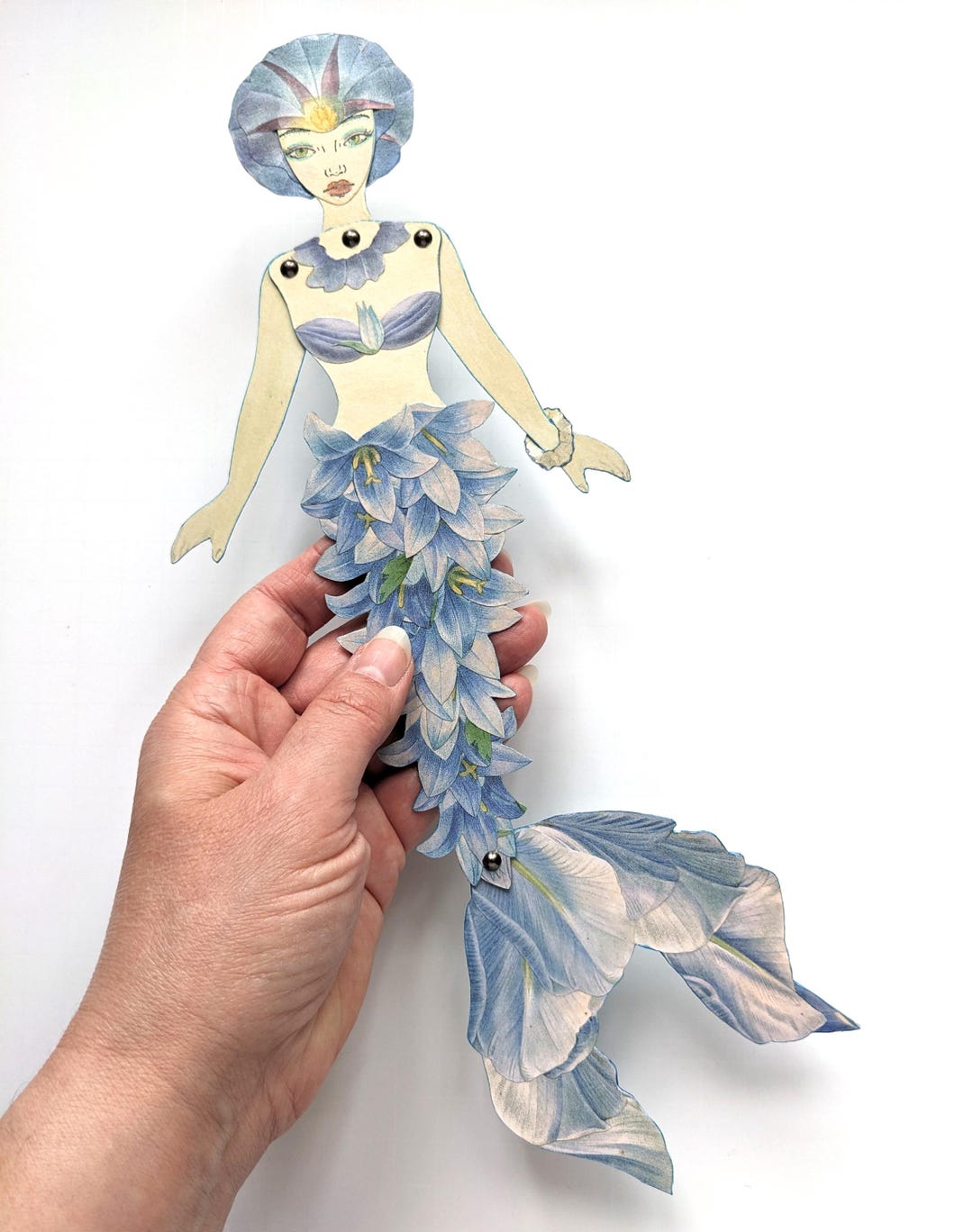 Blue Flower Articulated Mermaid Paper Doll, Floral Jointed Mermaid ...