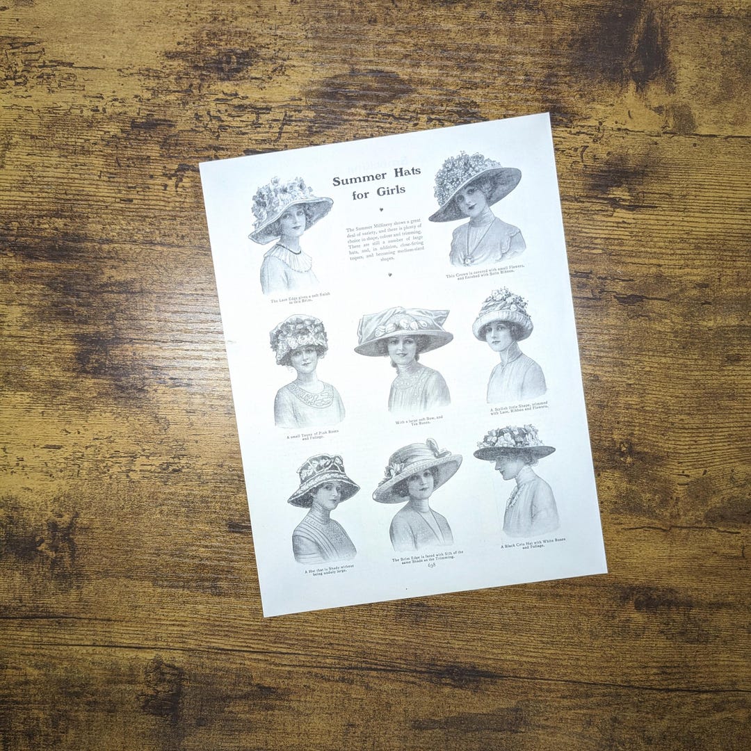 1912 Edwardian Fashion Print, Summer Hats Illustrations, Antique Book ...