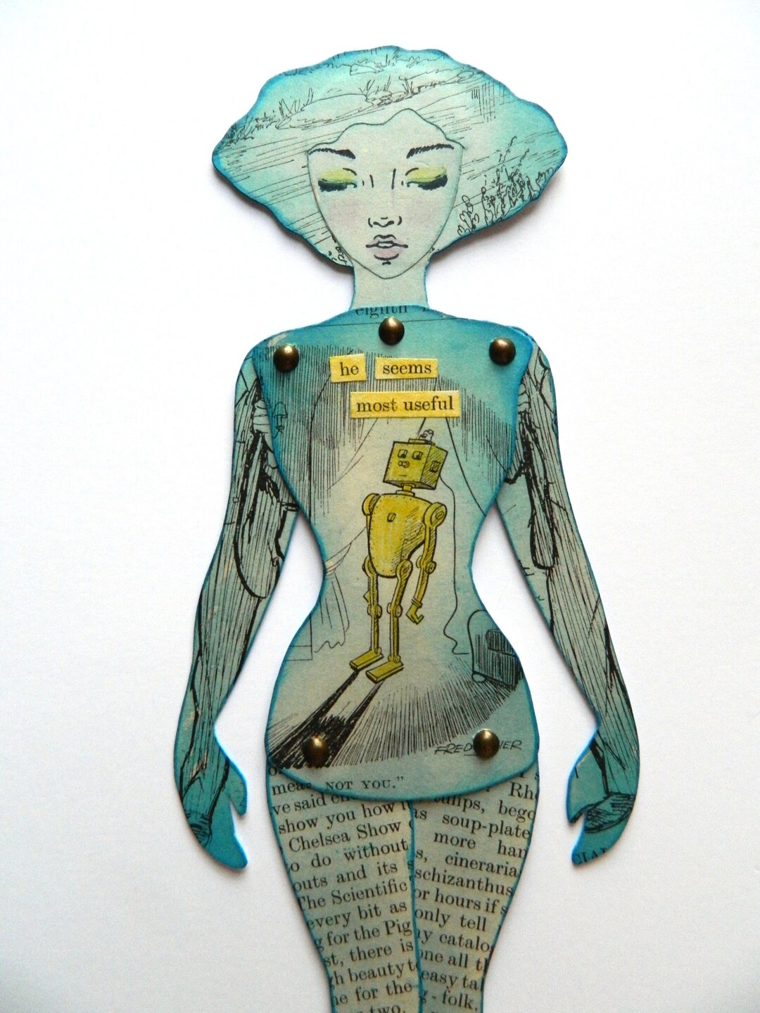 Blue and Yellow Paper Doll Bookmark, Retro Robot Paper Doll Page Keeper ...