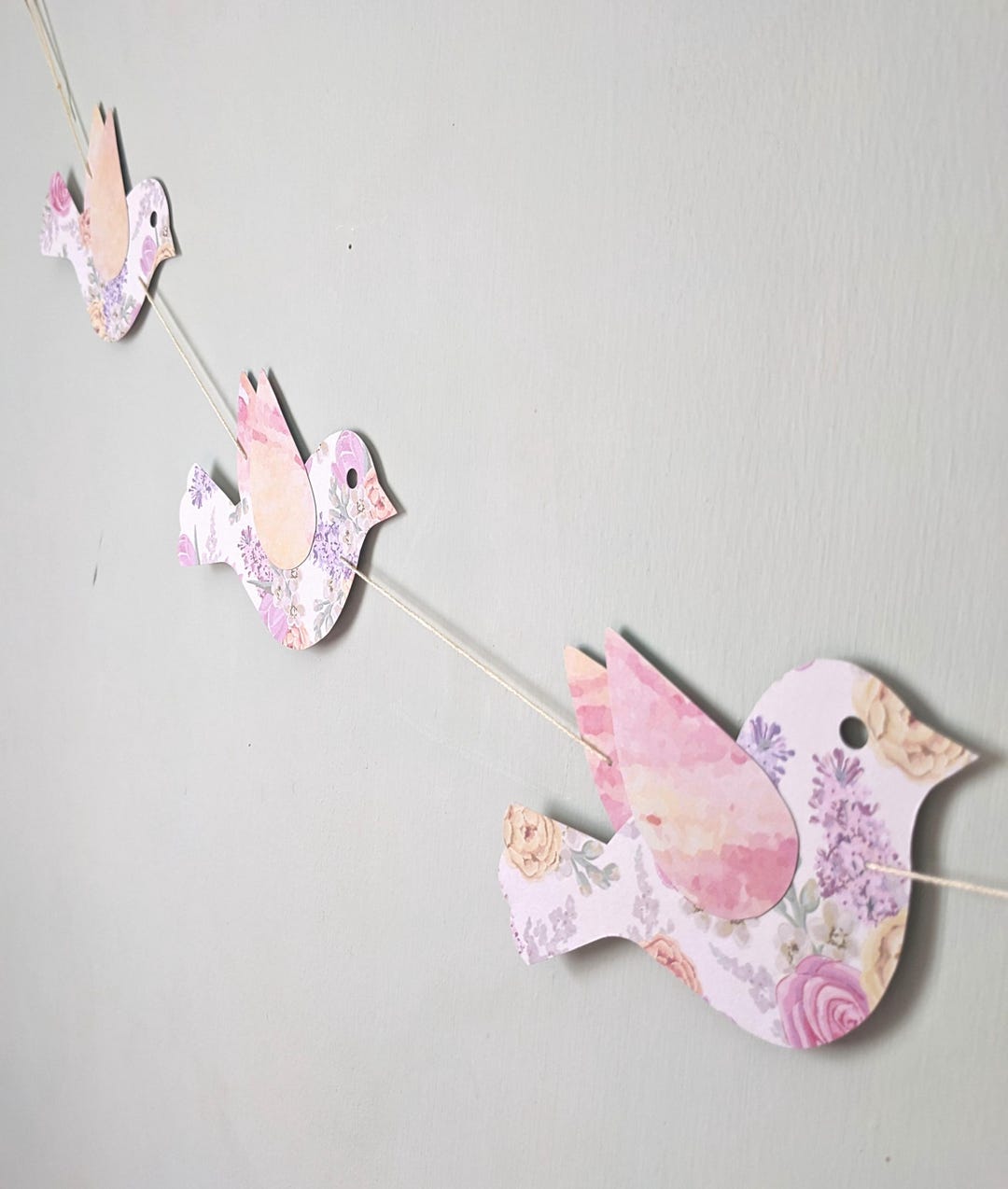 Handmade Paper Floral Bird Bunting, Pretty Pastel Paper Bird Garland ...
