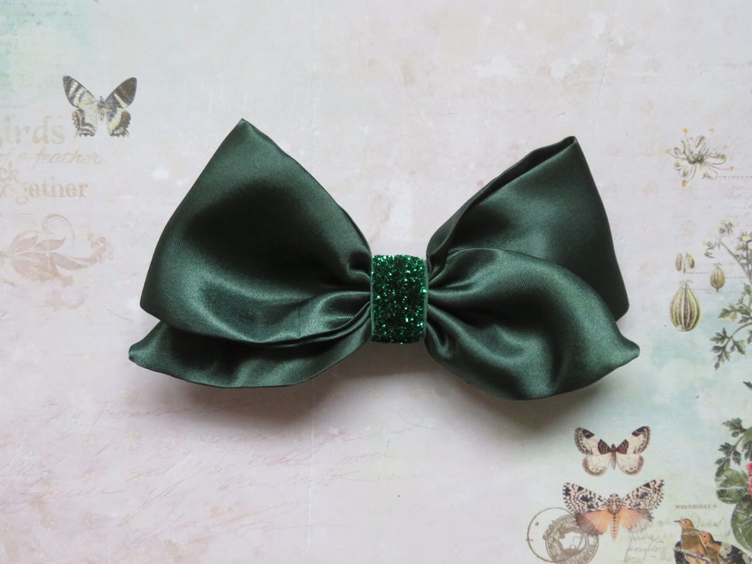 Bottle Dark Moss Green Satin Fabric & Glitter Sailor Hair Bow Girls ...