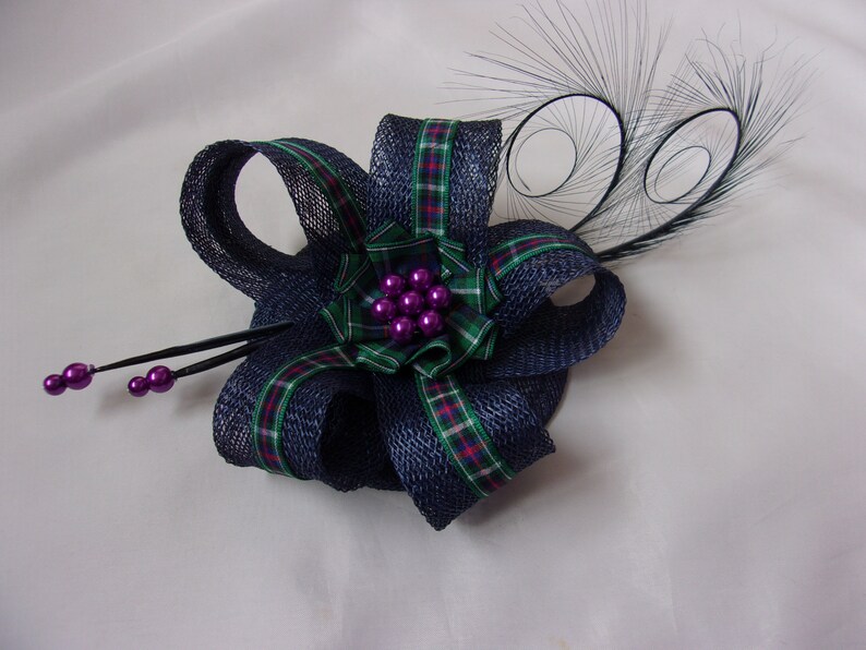 Tartan Fascinator - Black Feather Plaid Sinamay Mini Hat Headpiece ...