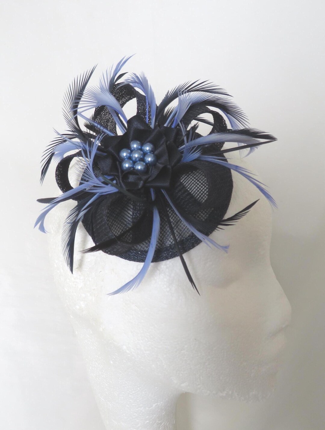 Navy Blue and Pale Periwinkle Blue Sinamay Loop Feather Pearl ...