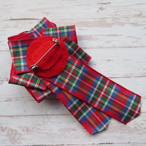 Royal Stewart Red Tartan Ruffle Rosette Pearl & Rhinestone Brooch Pin Scottish Plaid Ribbon ...