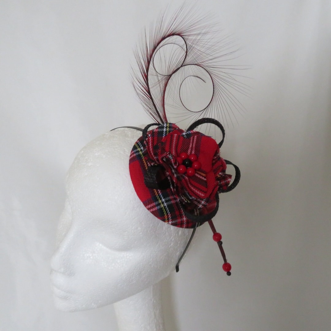 Black & Red Royal Stewart Tartan Fascinator Curl Feather and Sinamay ...