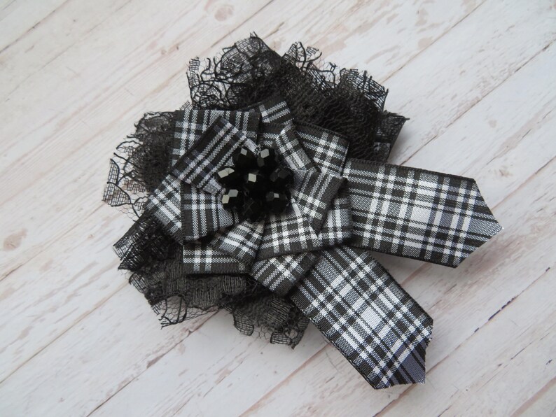 Black & White Menzies Tartan Lace Shabby Chic Brooch Crystal Corsage ...