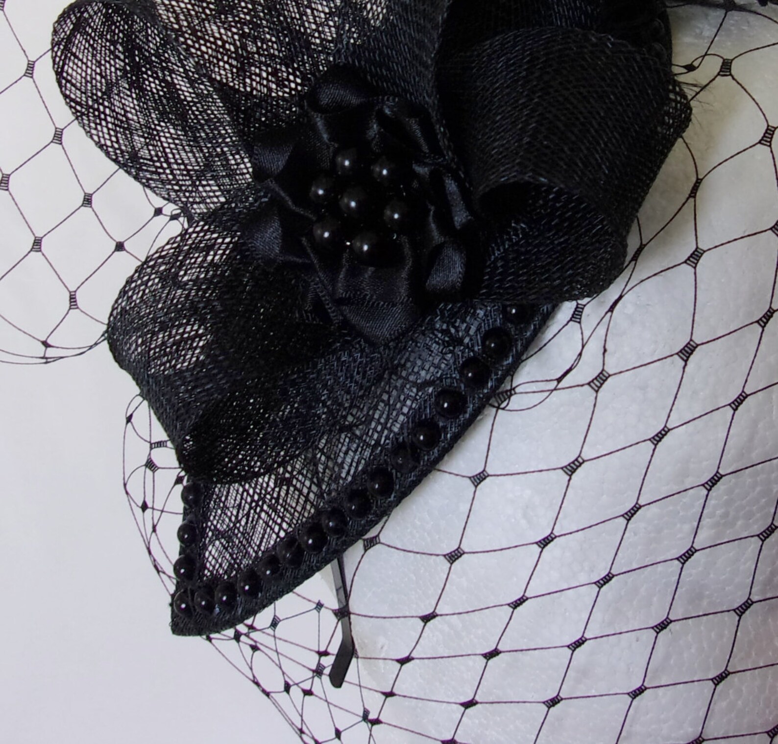 Black Crystal Fascinator Veiled Crystals or Pearl Studded Teardrop ...