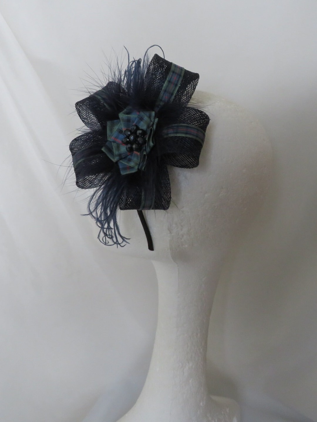 Navy Blue Fascinator Sinamay Loop With Flower of Scotland Tartan Mini ...