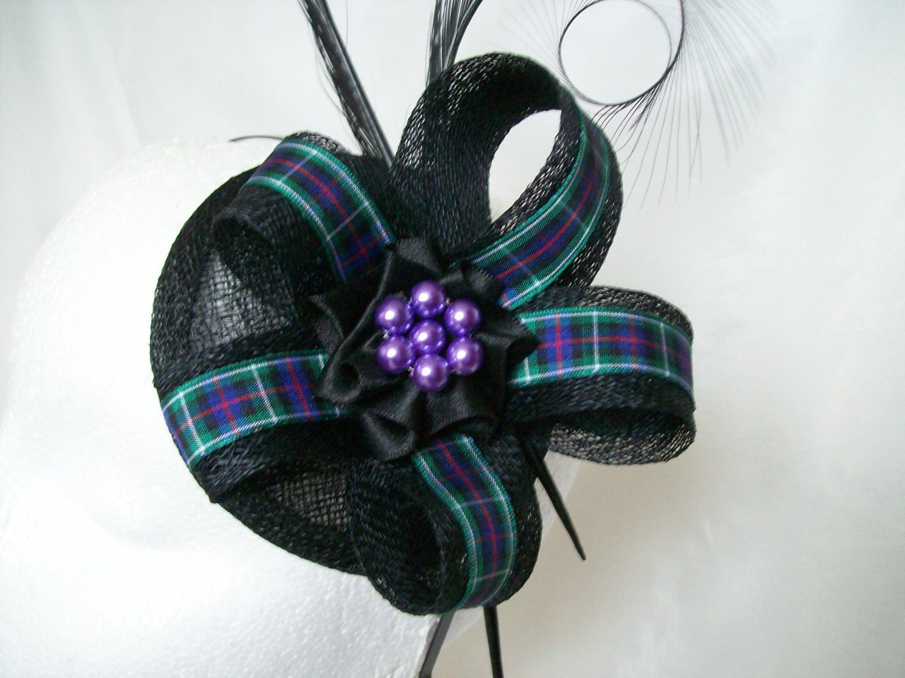 Tartan Fascinator - Black Feather Plaid Sinamay Mini Hat Headpiece ...