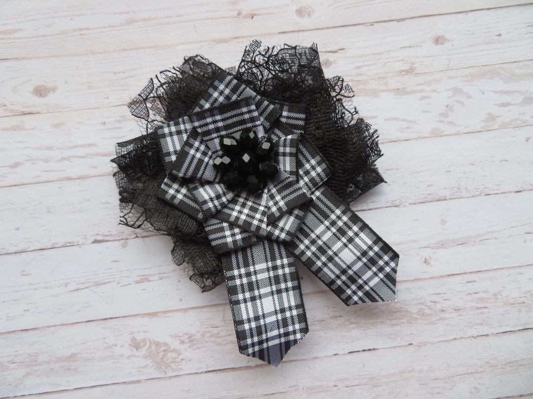 Black & White Menzies Tartan Lace Shabby Chic Brooch Crystal Corsage ...