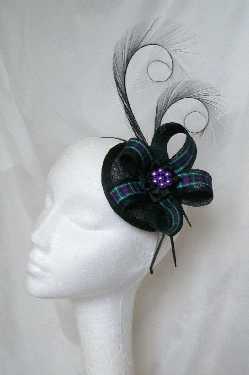 Tartan Fascinator - Black Feather Plaid Sinamay Mini Hat Headpiece ...