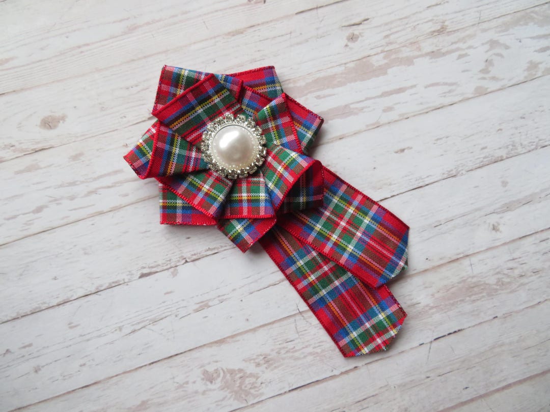 Royal Stewart Red Tartan Ruffle Rosette Pearl & Rhinestone Brooch Pin Scottish Plaid Ribbon ...