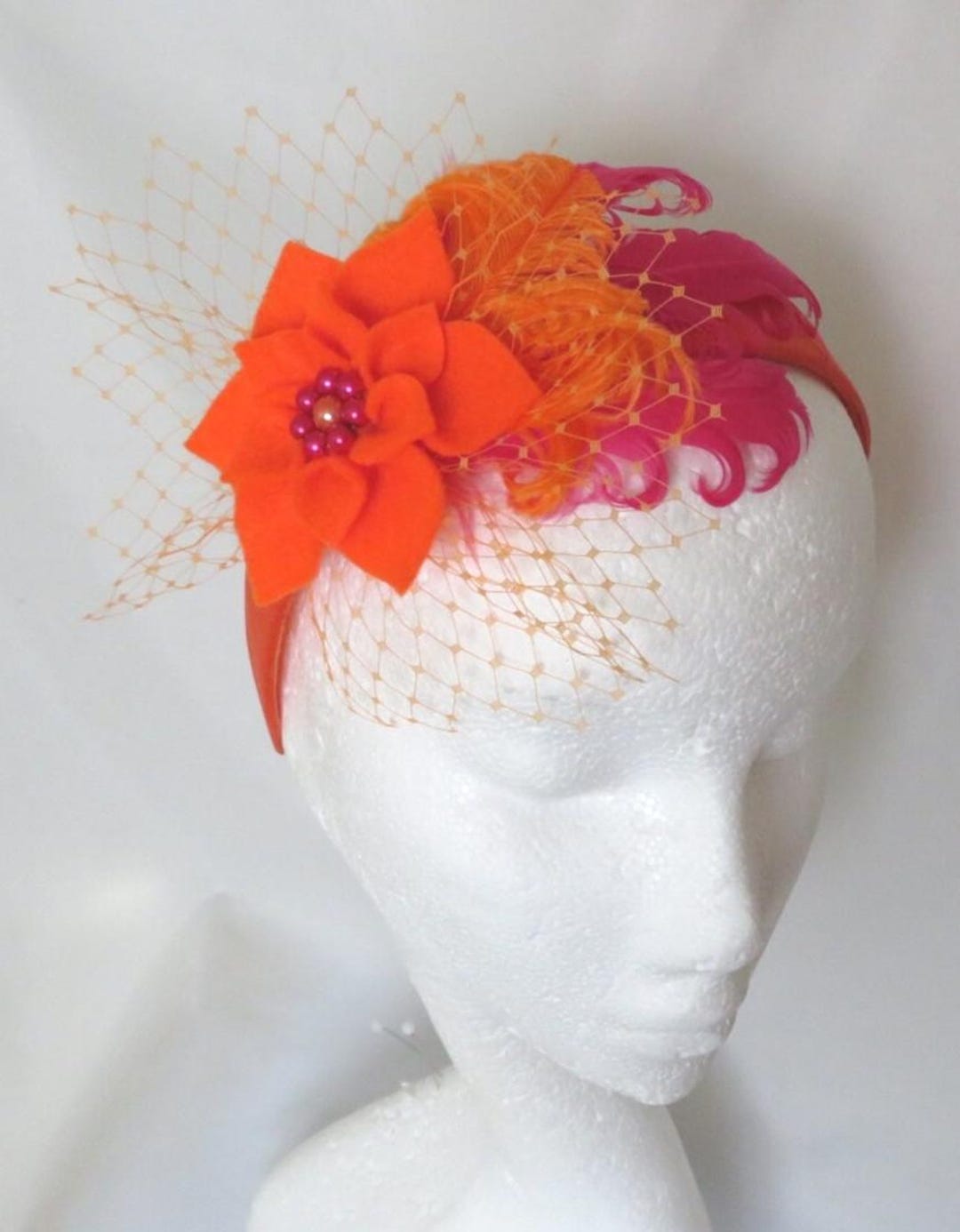 Bright Clementine Orange and Dark Raspberry Cerise Pink Feather Flower ...