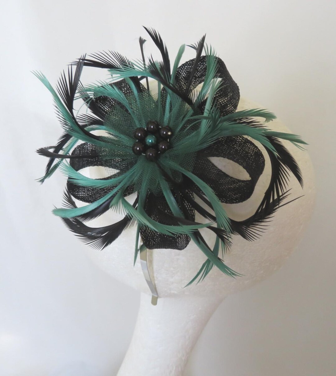 Black and Light Bottle Dusky Emerald Green Sinamay Loop Feather Pearl ...