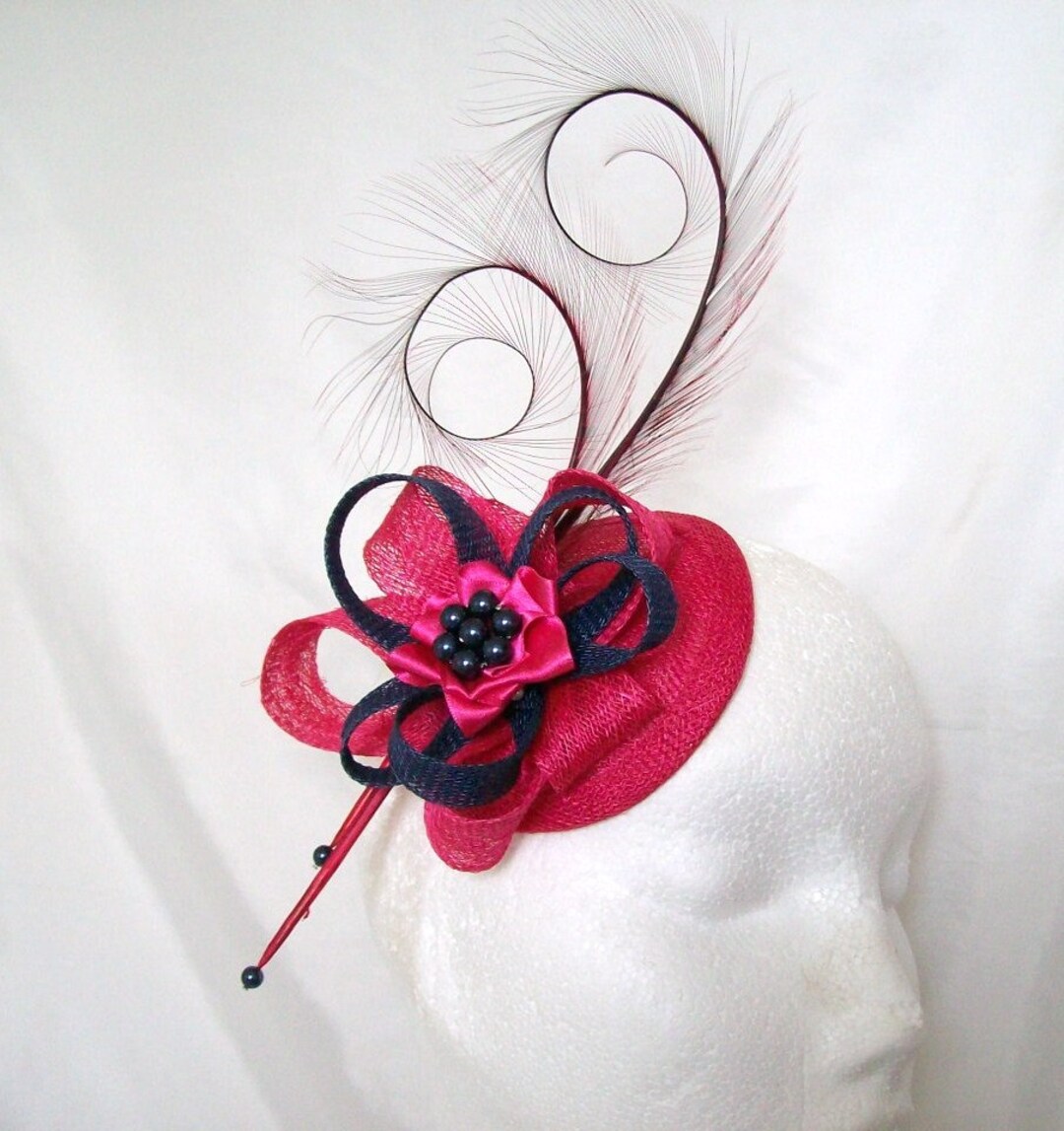 Cerise and Navy Blue Fascinator - Hot Fuchsia Pink Pheasant Curl ...