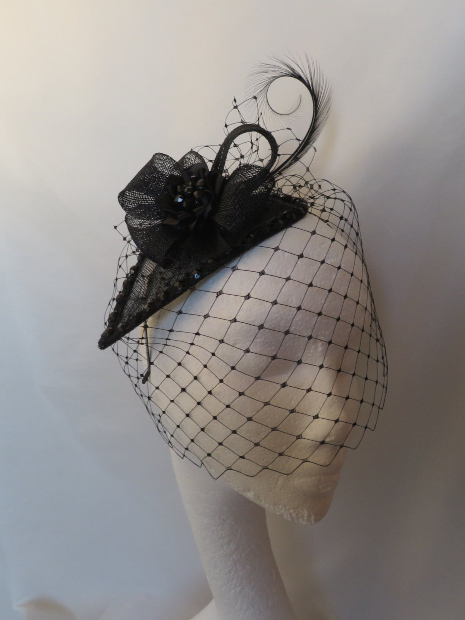 Black Crystal Fascinator Veiled Crystals or Pearl Studded Teardrop ...