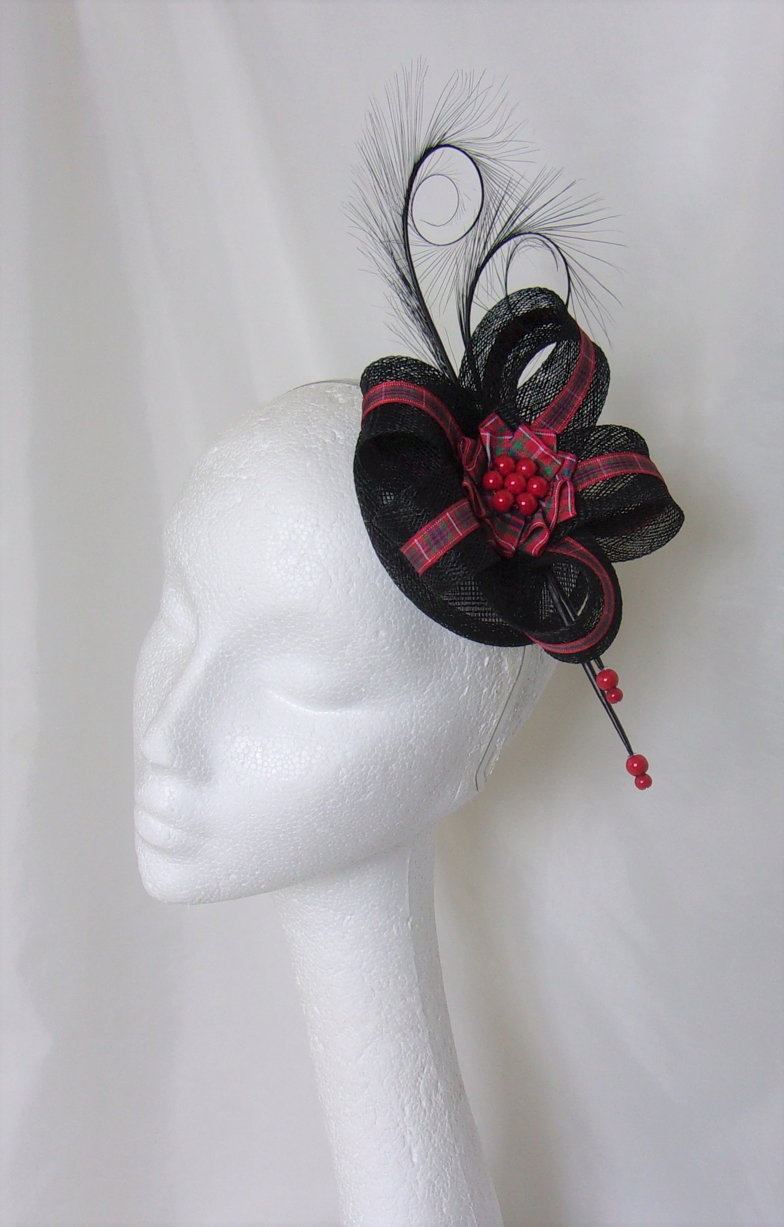 Red Tartan Fascinator - Black Pheasant Curl Feather Ribbon Stripe ...