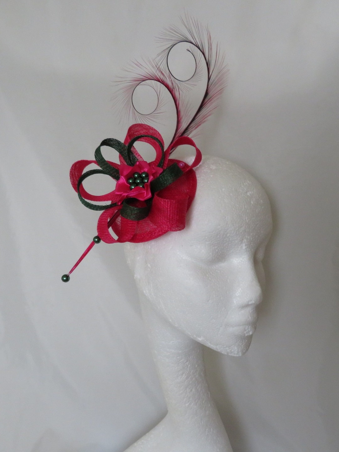 Cerise Pink and Dark Moss Green Fascinator Raspberry Feather Pearl ...
