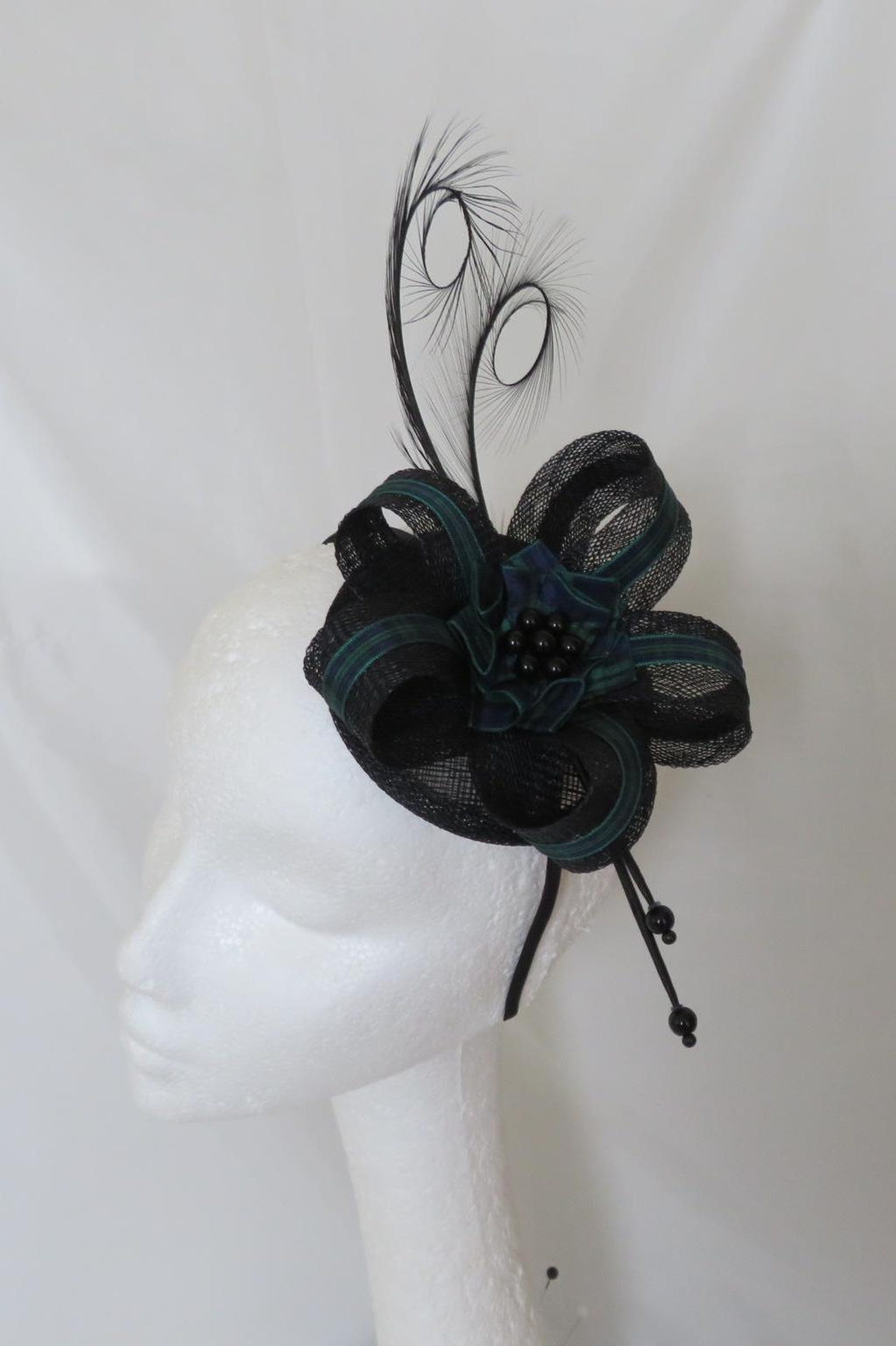 Tartan Fascinator - Black Feather Plaid Sinamay Mini Hat Headpiece ...