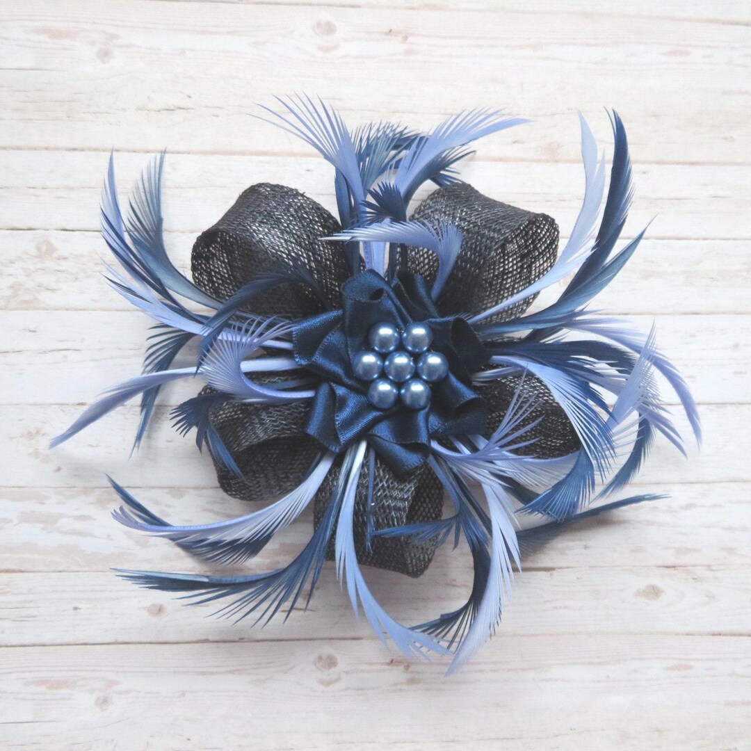 Navy Blue and Pale Periwinkle Blue Sinamay Loop Feather Pearl Clip ...