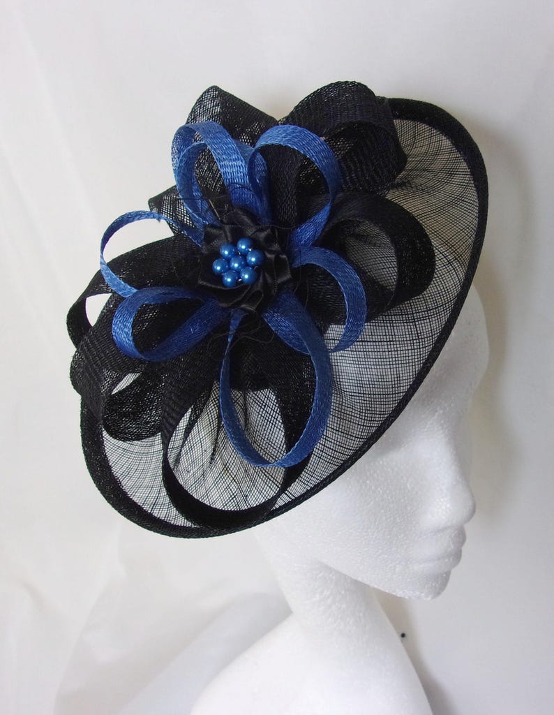 Black and Sapphire Blue Hat - Sinamay Loops & Pearls Saucer Fascinator ...