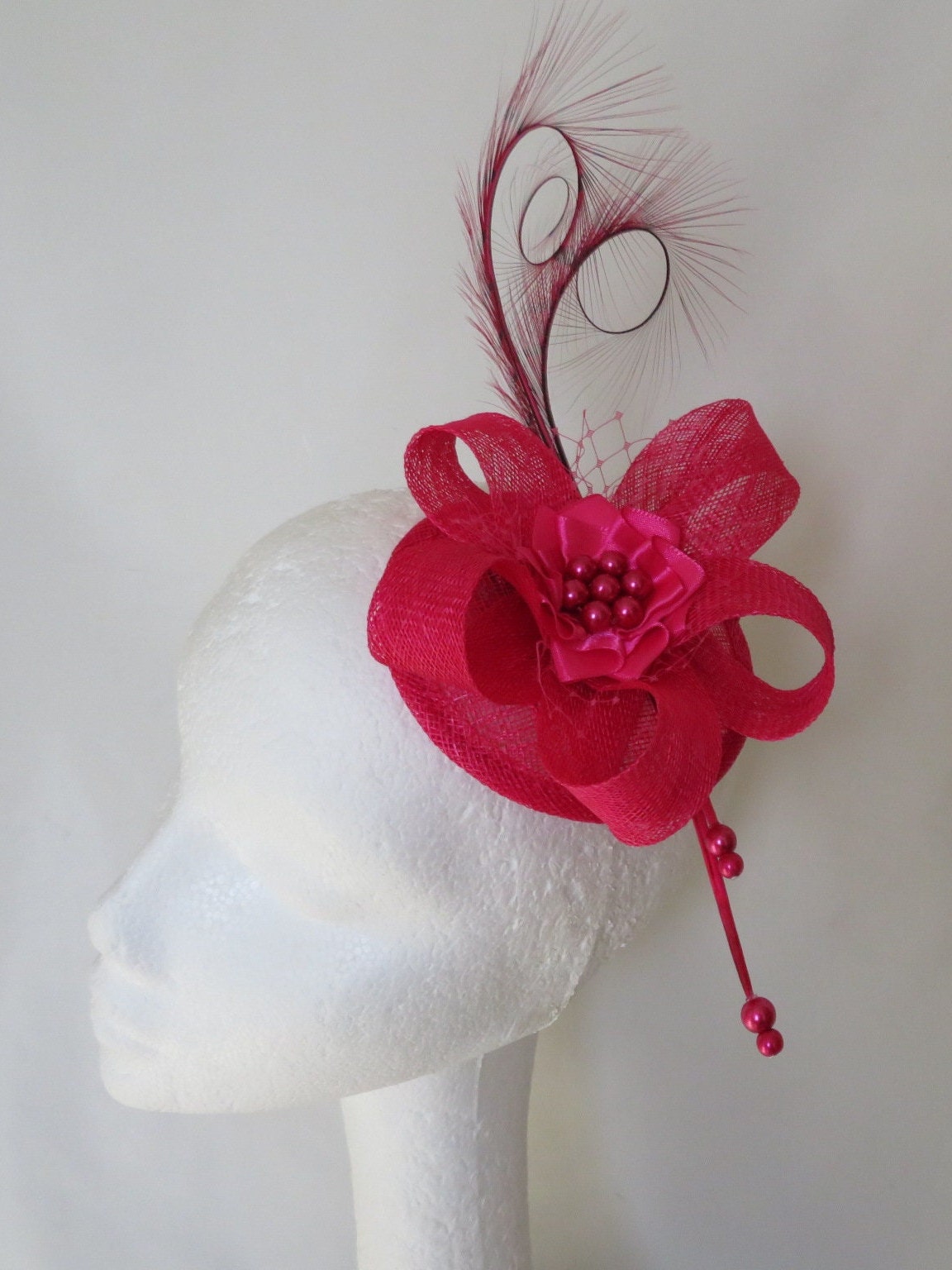 Cerise Pink Fascinator Bright Hot Fuchsia Pinks - Curl Feather Sinamay ...